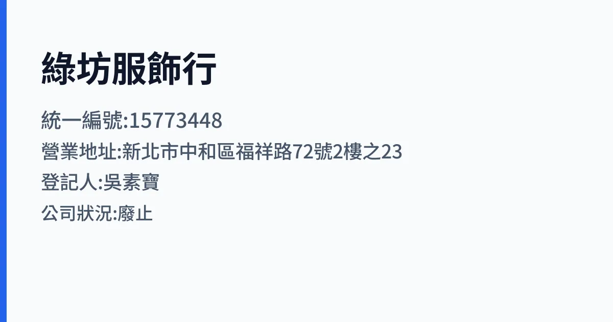 綠坊服飾行 - 統編 15773448(新北市) 公司登記資料與營業項目詳細圖表