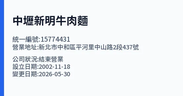中壢新明牛肉麵的照片-統編 15774431(新北市) 公司登記資料與營業項目詳細圖表