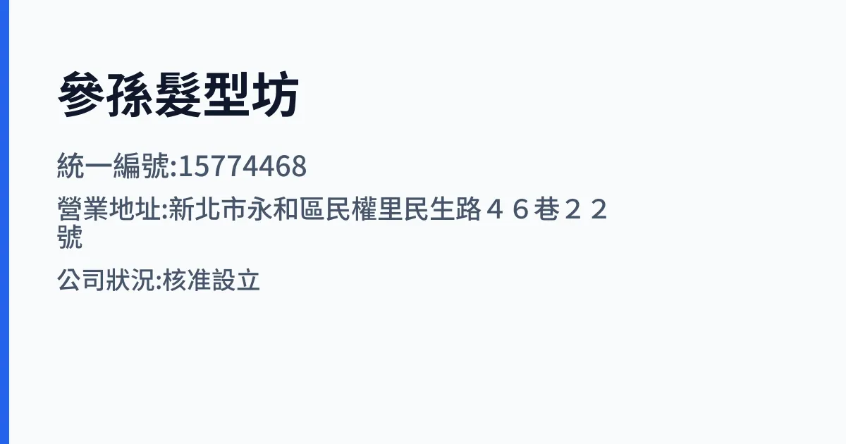參孫髮型坊 - 統編 15774468(新北市) 公司登記資料與營業項目詳細圖表