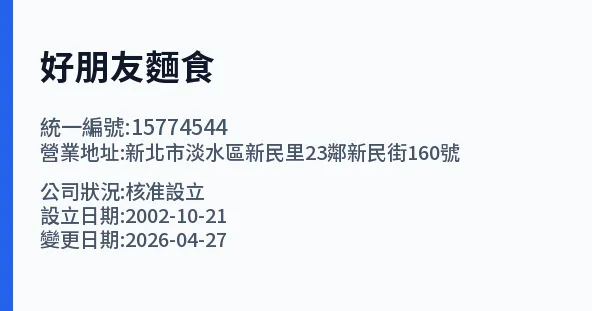 好朋友麵食的照片-統編 15774544(新北市) 公司登記資料與營業項目詳細圖表