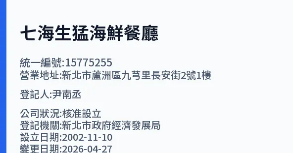 七海生猛海鮮餐廳的照片-統編 15775255(新北市) 公司登記資料與營業項目詳細圖表