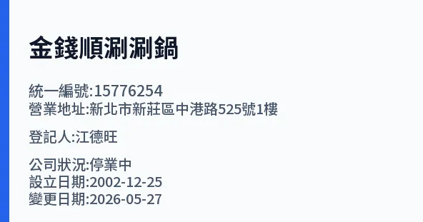 金錢順涮涮鍋的照片-統編 15776254(新北市) 公司登記資料與營業項目詳細圖表