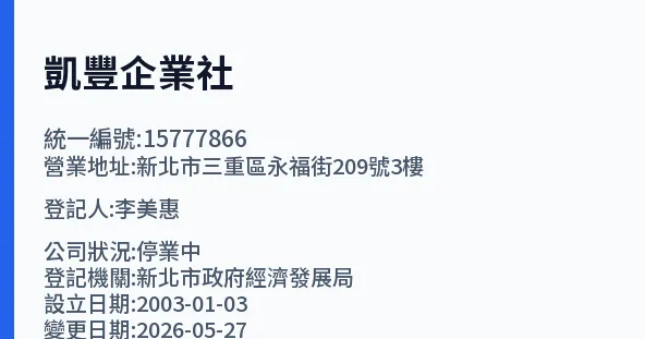 凱豐企業社的照片-統編 15777866(新北市) 公司登記資料與營業項目詳細圖表