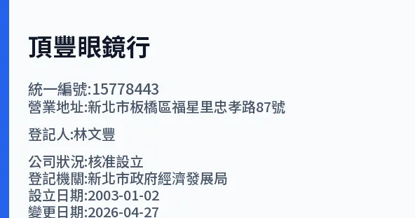 頂豐眼鏡行的照片-統編 15778443(新北市) 公司登記資料與營業項目詳細圖表