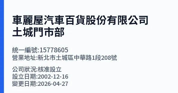 車麗屋汽車百貨股份有限公司土城門市部的照片-統編 15778605(新北市) 公司登記資料與營業項目詳細圖表