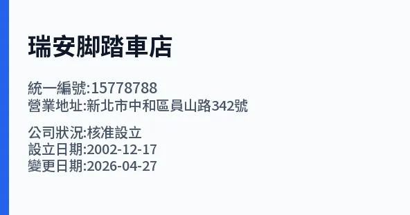 瑞安脚踏車店的照片-統編 15778788(新北市) 公司登記資料與營業項目詳細圖表