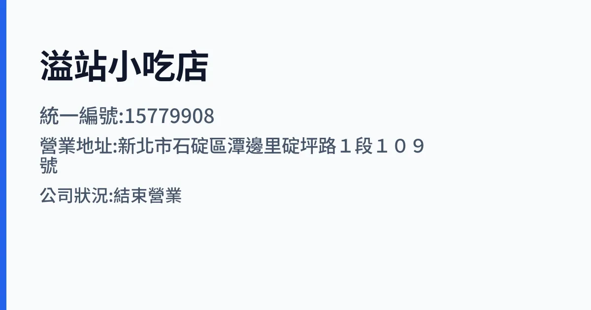溢站小吃店 - 統編 15779908(新北市) 公司登記資料與營業項目詳細圖表