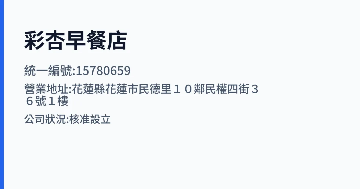 彩杏早餐店 - 統編 15780659(花蓮縣) 公司登記資料與營業項目詳細圖表