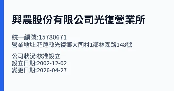 興農股份有限公司光復營業所的照片-統編 15780671(花蓮縣) 公司登記資料與營業項目詳細圖表