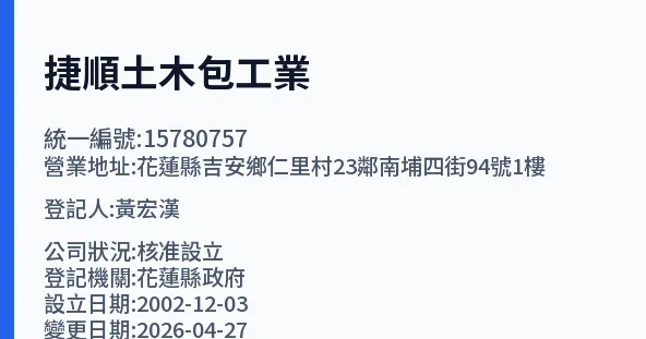 捷順土木包工業的照片-統編 15780757(花蓮縣) 公司登記資料與營業項目詳細圖表