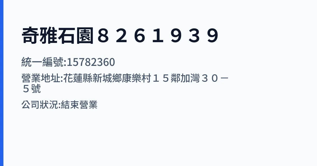 奇雅石園８２６１９３９ - 統編 15782360(花蓮縣) 公司登記資料與營業項目詳細圖表
