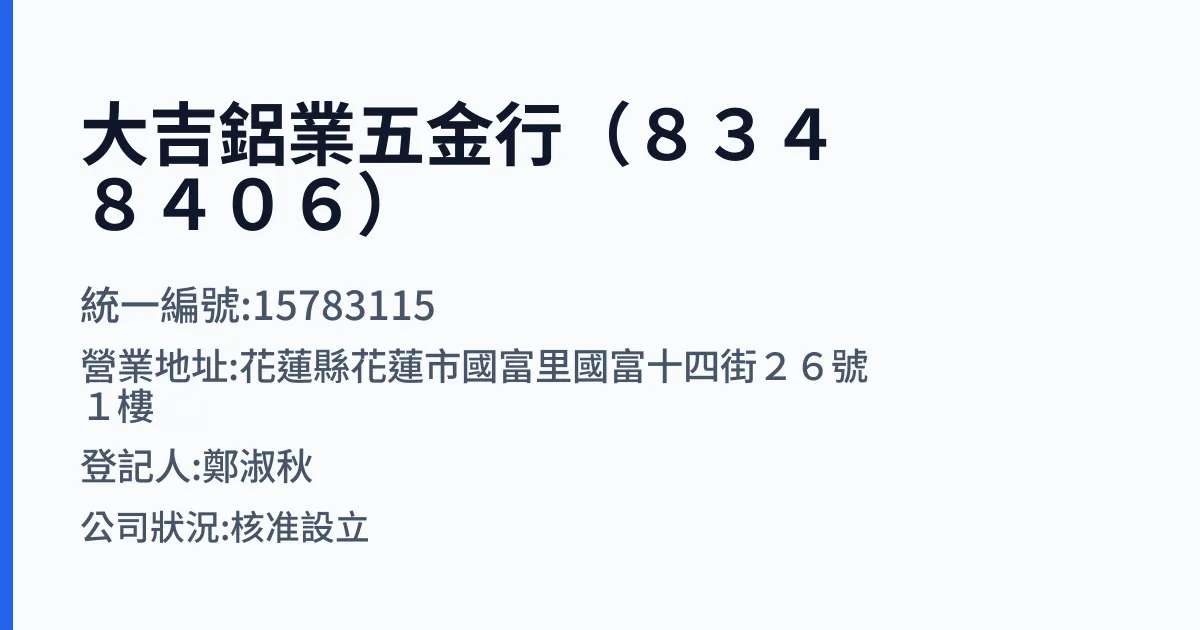 大吉鋁業五金行(8348406) - 統編 15783115(花蓮縣) 公司登記資料與營業項目詳細圖表