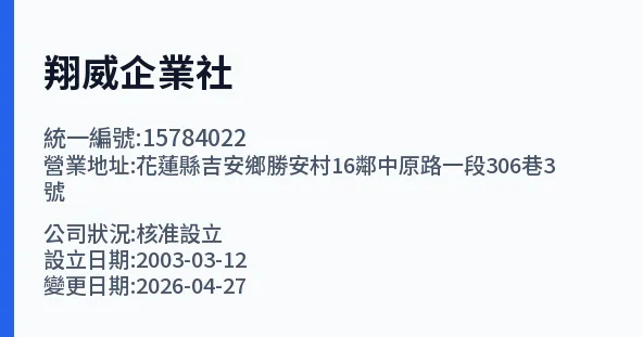 翔威企業社的照片-統編 15784022(花蓮縣) 公司登記資料與營業項目詳細圖表