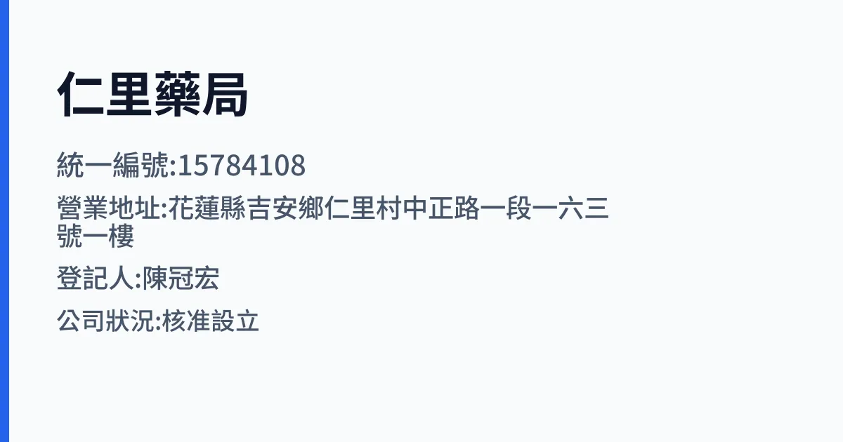 仁里藥局 - 統編 15784108(花蓮縣) 公司登記資料與營業項目詳細圖表