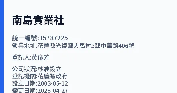 南島實業社的照片-統編 15787225(花蓮縣) 公司登記資料與營業項目詳細圖表