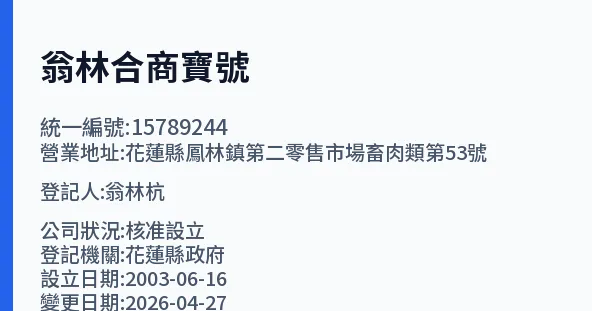 翁林合商寶號的照片-統編 15789244(花蓮縣) 公司登記資料與營業項目詳細圖表