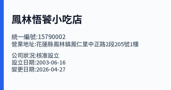 鳳林悟饕小吃店的照片-統編 15790002(花蓮縣) 公司登記資料與營業項目詳細圖表
