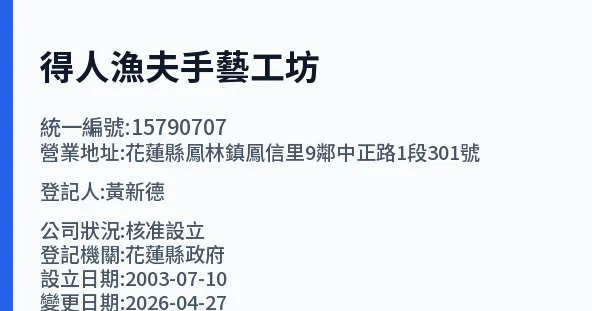 得人漁夫手藝工坊的照片-統編 15790707(花蓮縣) 公司登記資料與營業項目詳細圖表