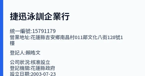 捷迅泳訓企業行的照片-統編 15791179(花蓮縣) 公司登記資料與營業項目詳細圖表