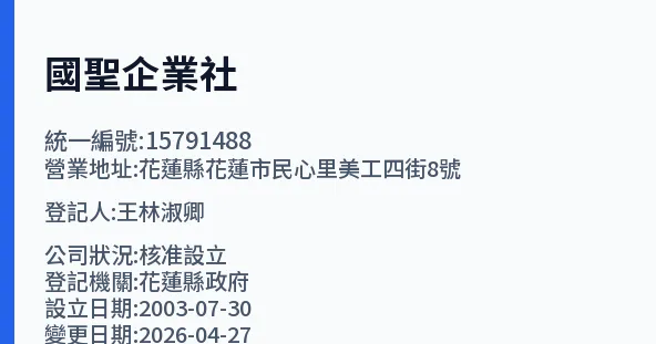 國聖企業社的照片-統編 15791488(花蓮縣) 公司登記資料與營業項目詳細圖表