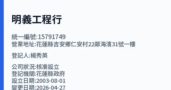 明義工程行的照片-統編 15791749(花蓮縣) 公司登記資料與營業項目詳細圖表