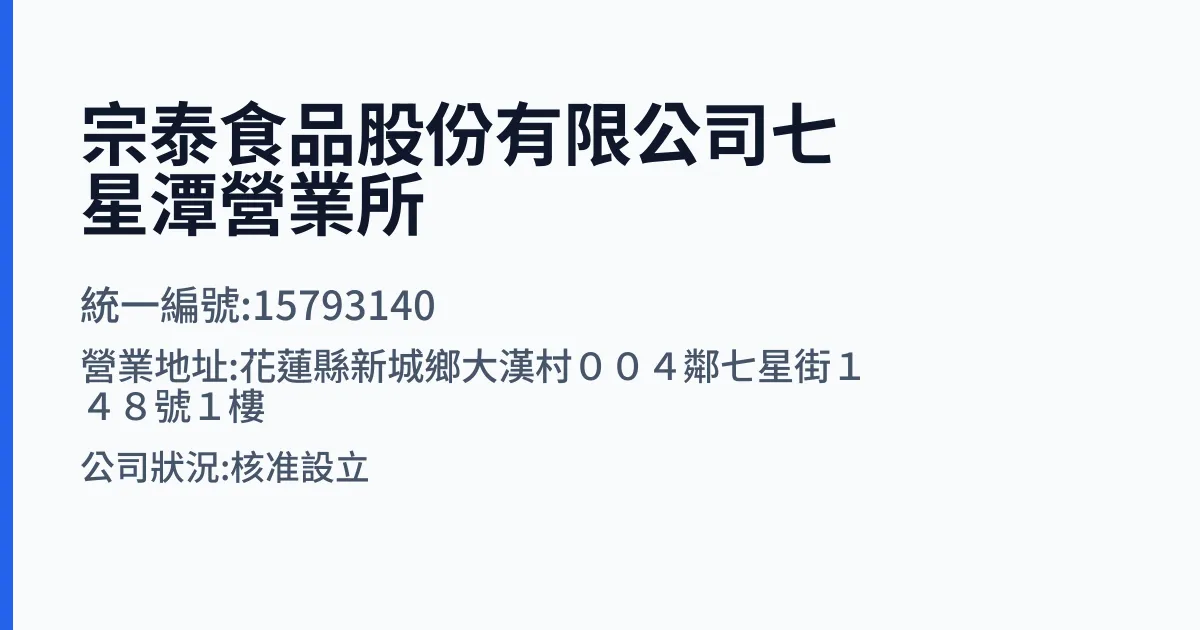 宗泰食品股份有限公司七星潭營業所 - 統編 15793140(花蓮縣) 公司登記資料與營業項目詳細圖表