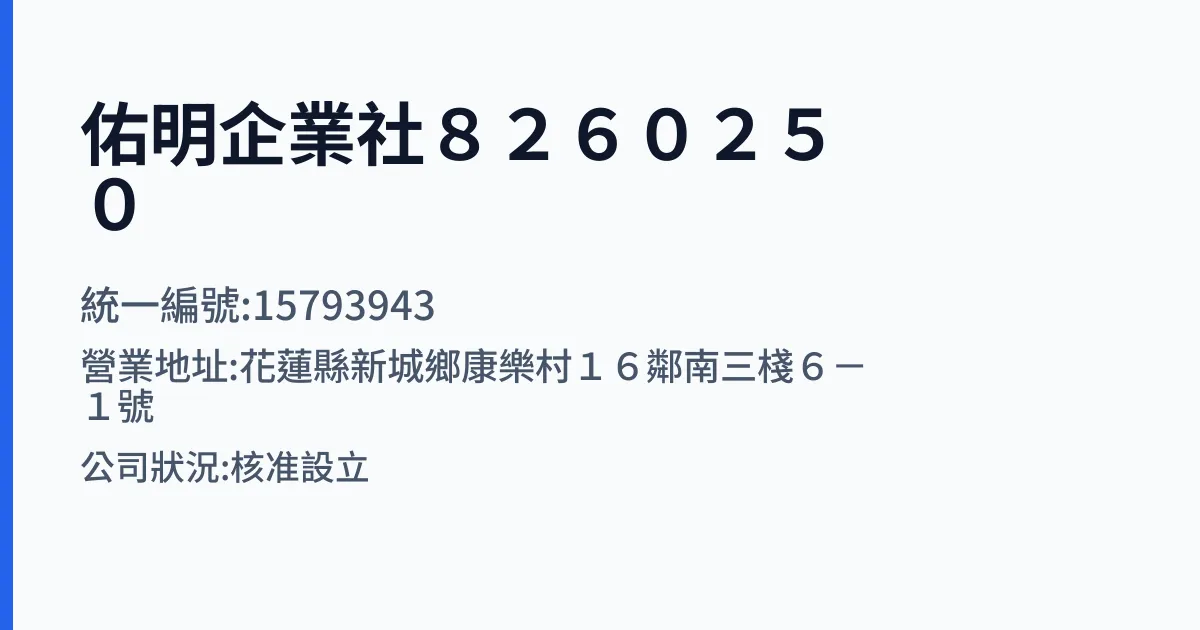 佑明企業社８２６０２５０ - 統編 15793943(花蓮縣) 公司登記資料與營業項目詳細圖表