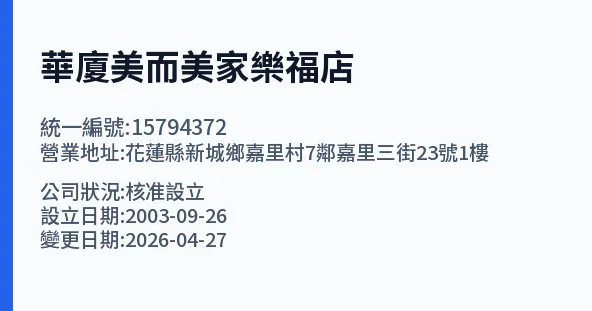 華廈美而美家樂福店的照片-統編 15794372(花蓮縣) 公司登記資料與營業項目詳細圖表