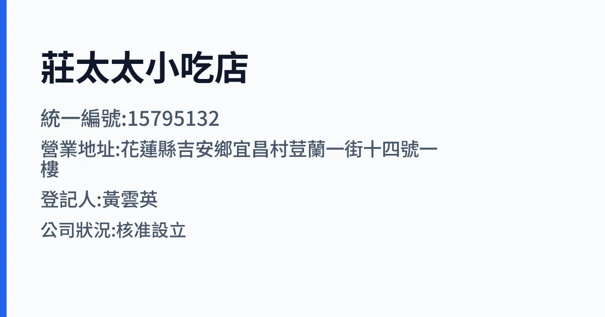 莊太太小吃店 - 統編 15795132(花蓮縣) 公司登記資料與營業項目詳細圖表