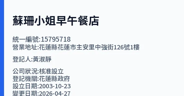 蘇珊小姐早午餐店的照片-統編 15795718(花蓮縣) 公司登記資料與營業項目詳細圖表