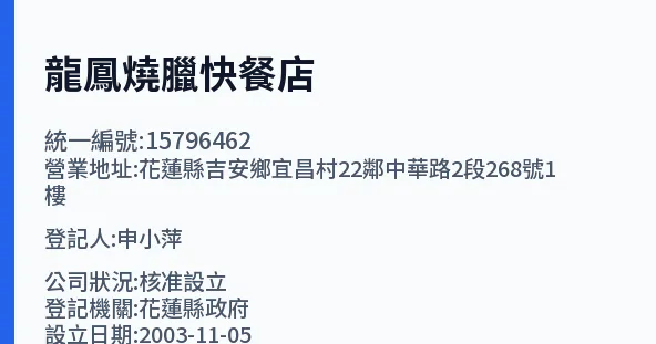 龍鳳燒臘快餐店的照片-統編 15796462(花蓮縣) 公司登記資料與營業項目詳細圖表