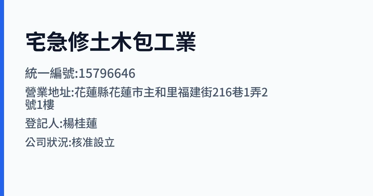 宅急修土木包工業 - 統編 15796646(花蓮縣) 公司登記資料與營業項目詳細圖表