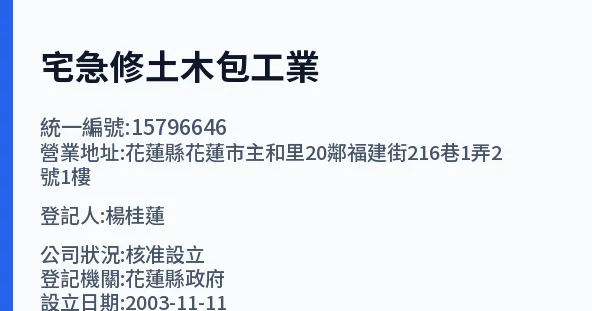 宅急修土木包工業的照片-統編 15796646(花蓮縣) 公司登記資料與營業項目詳細圖表