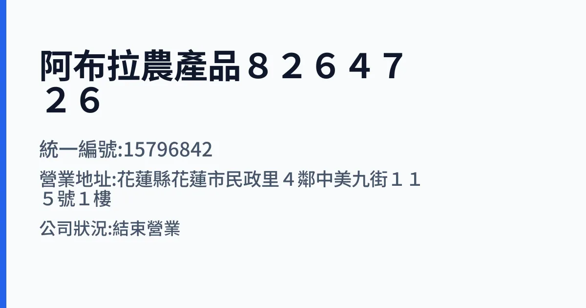 阿布拉農產品8264726 - 統編 15796842(花蓮縣) 公司登記資料與營業項目詳細圖表