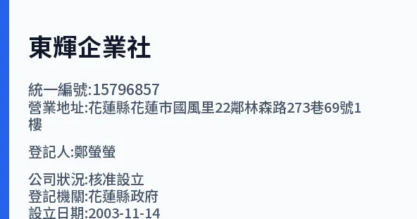 東輝企業社的照片-統編 15796857(花蓮縣) 公司登記資料與營業項目詳細圖表