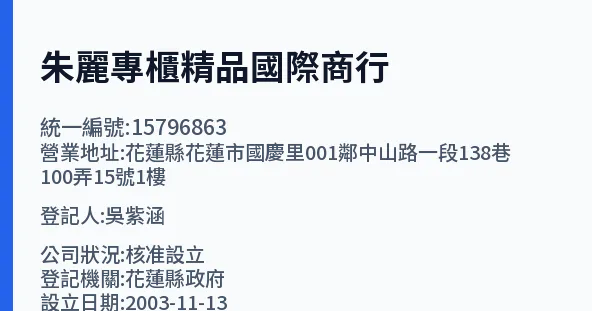 朱麗專櫃精品國際商行的照片-統編 15796863(花蓮縣) 公司登記資料與營業項目詳細圖表