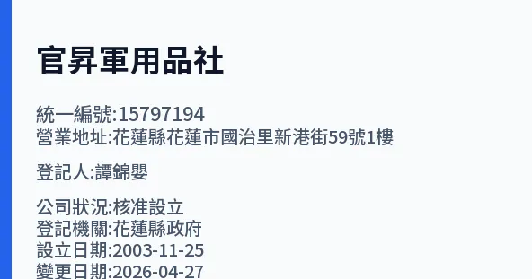 官昇軍用品社的照片-統編 15797194(花蓮縣) 公司登記資料與營業項目詳細圖表