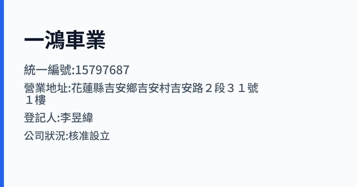 一鴻車業 - 統編 15797687(花蓮縣) 公司登記資料與營業項目詳細圖表