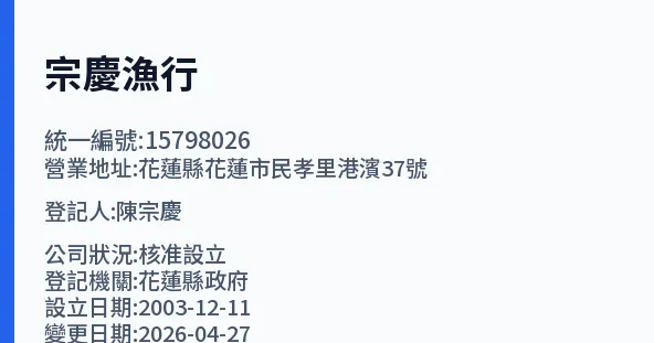 宗慶漁行的照片-統編 15798026(花蓮縣) 公司登記資料與營業項目詳細圖表