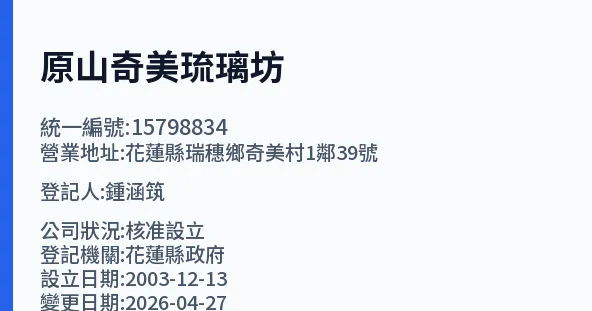 原山奇美琉璃坊的照片-統編 15798834(花蓮縣) 公司登記資料與營業項目詳細圖表