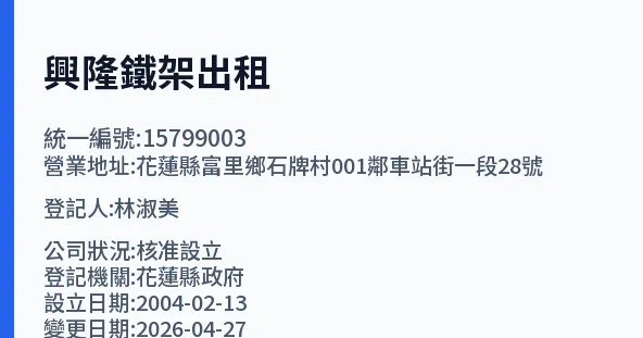 興隆鐵架出租的照片-統編 15799003(花蓮縣) 公司登記資料與營業項目詳細圖表
