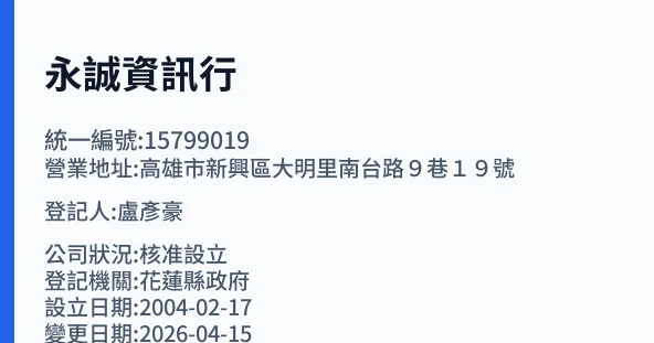 永誠資訊行的照片-統編 15799019(高雄市) 公司登記資料與營業項目詳細圖表