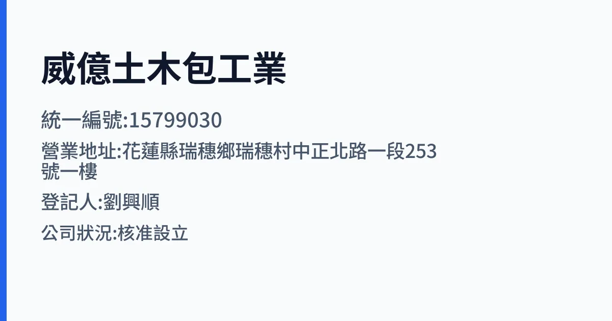 威億土木包工業 - 統編 15799030(花蓮縣) 公司登記資料與營業項目詳細圖表