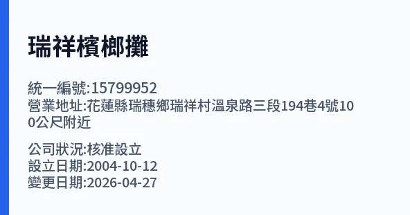 瑞祥檳榔攤的照片-統編 15799952(花蓮縣) 公司登記資料與營業項目詳細圖表