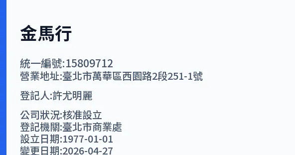 金馬行的照片-統編 15809712(臺北市) 公司登記資料與營業項目詳細圖表