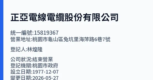 正亞電線電纜股份有限公司的照片-統編 15819367(桃園市) 公司登記資料與營業項目詳細圖表