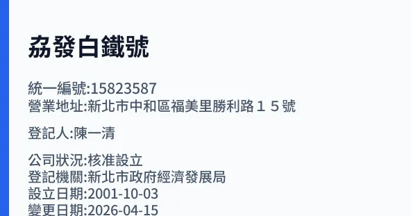 劦發白鐵號的照片-統編 15823587(新北市) 公司登記資料與營業項目詳細圖表