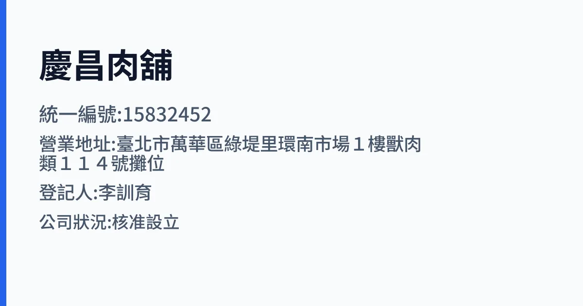 慶昌肉舖 - 統編 15832452(臺北市) 公司登記資料與營業項目詳細圖表