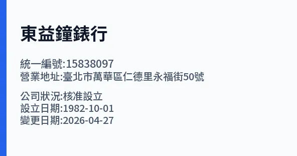 東益鐘錶行的照片-統編 15838097(臺北市) 公司登記資料與營業項目詳細圖表