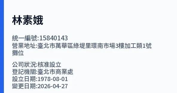 林素娥的照片-統編 15840143(臺北市) 公司登記資料與營業項目詳細圖表